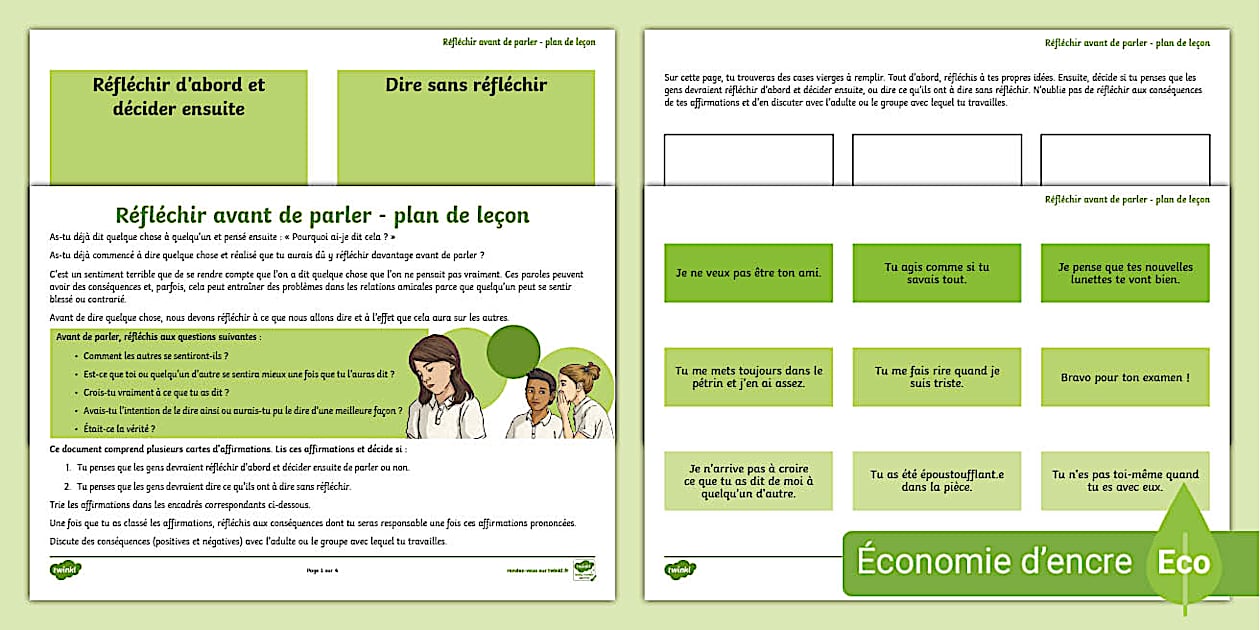 Réfléchir avant de parler - plan de leçon - Twinkl