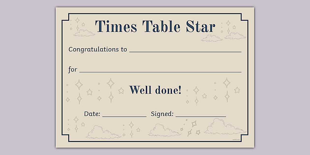 Celestial-Themed Times Tables Star Certificate - Twinkl