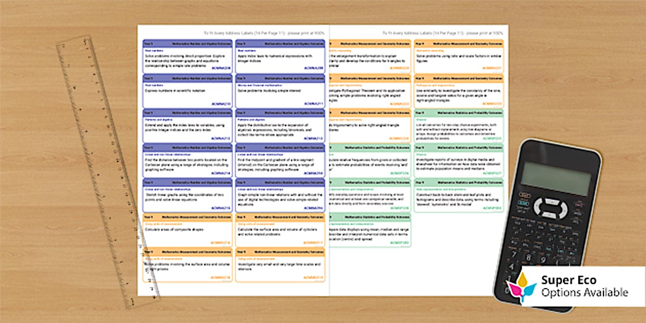 Year 9 Australian Curriculum (v8) Mathematics Outcomes Stickers