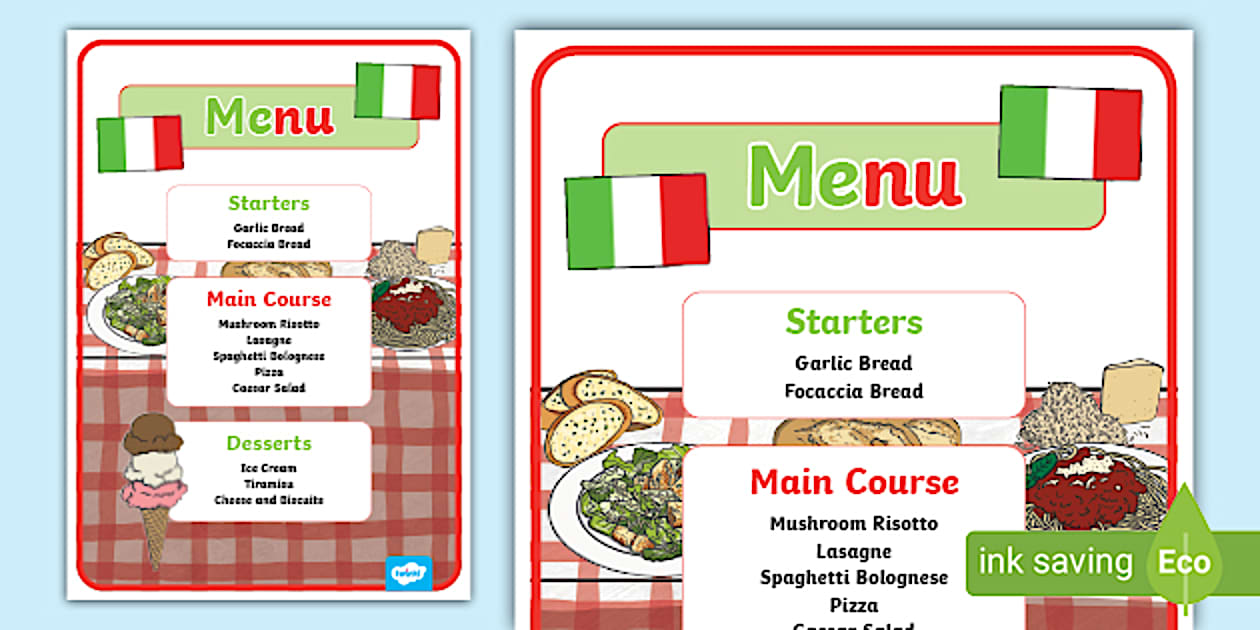 Editable Italian Restaurant Role Play Menu (teacher made)