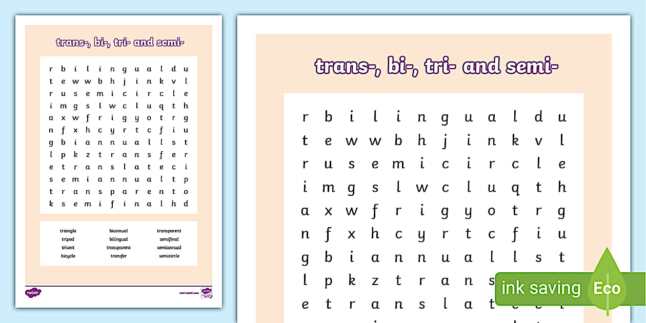 trans-, bi-, tri- and semi- Word Search - Twinkl