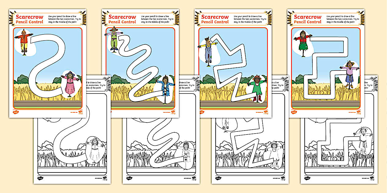 Scarecrow-Themed Pencil Control Worksheets - Twinkl