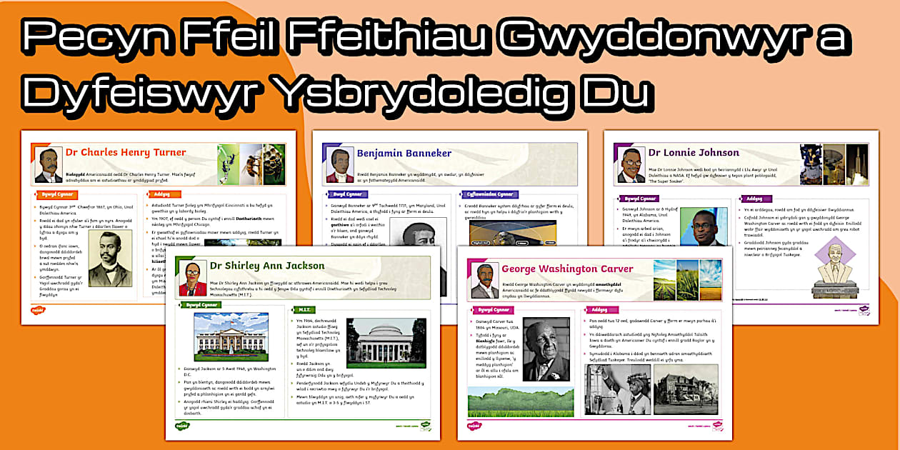 Pecyn Ffeil Ffeithiau Gwyddonwyr a Dyfeiswyr Ysbrydoledig Du