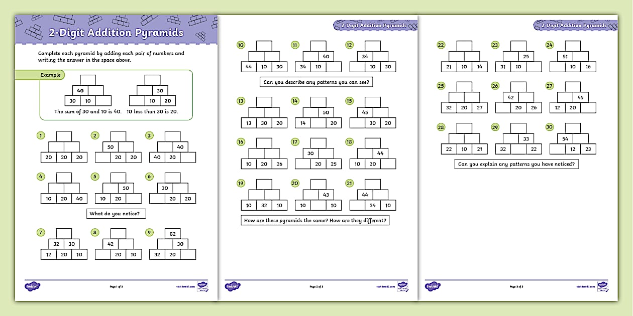 👉 KS1 2-Digit Addition Pyramids Worksheet - Twinkl
