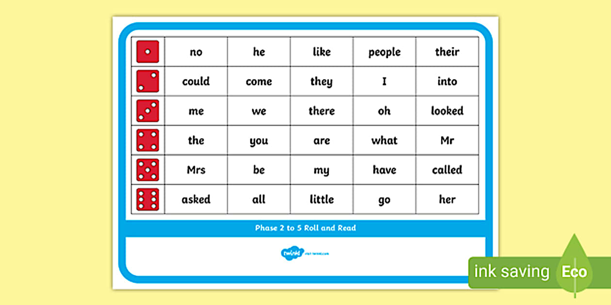 Phase 2 to 5 Tricky Words Roll and Read Activity Mat