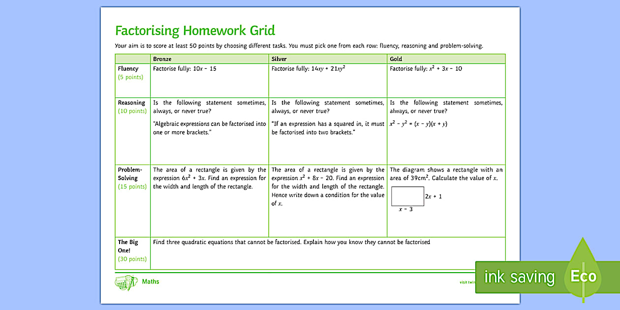 Mastery Homework Grid: Factorising Questions | KS3 Maths