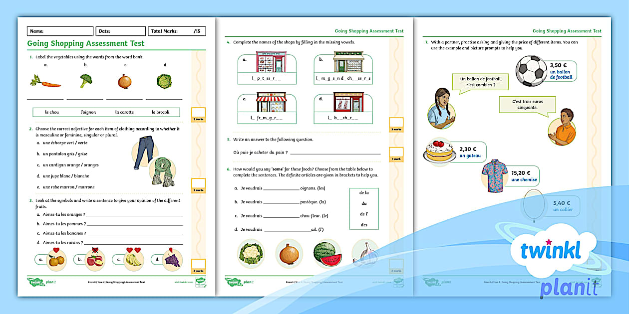 👉 French: Going Shopping: Year 4 Assessment Test