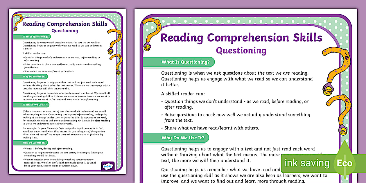 Reading Comprehension Skills: Questioning Poster (Year 3-4)