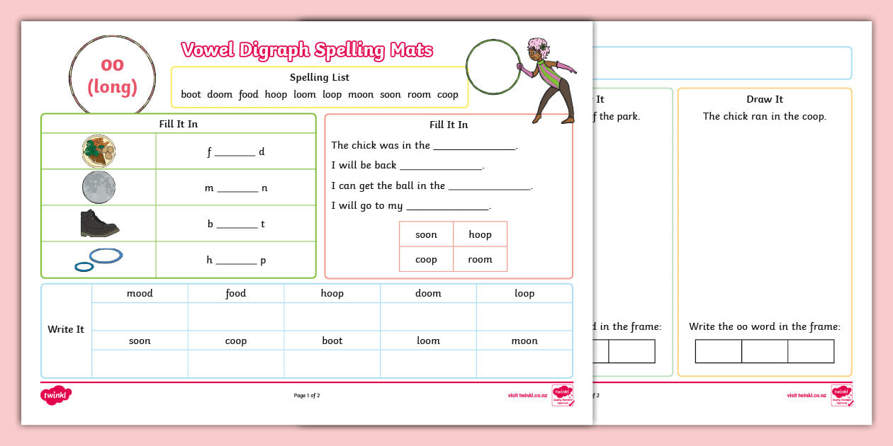 Vowel Digraph Spelling Mats - oo (long) (teacher made)