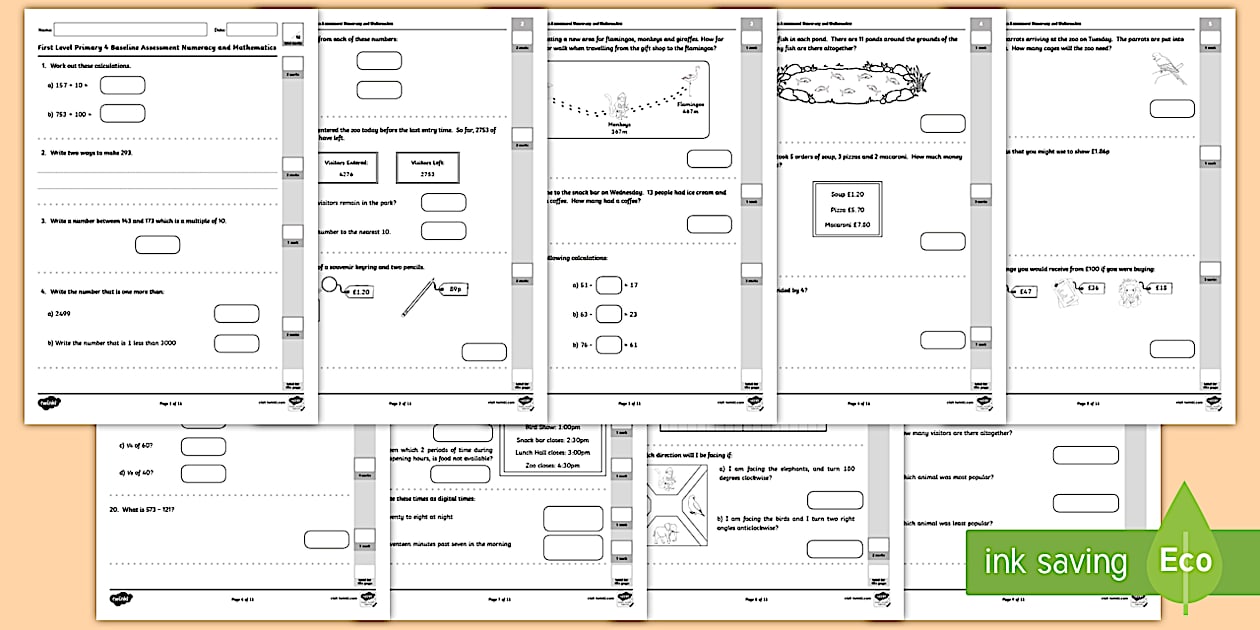 Editable First Level (P4) Baseline Maths Assessment Test with Tracking