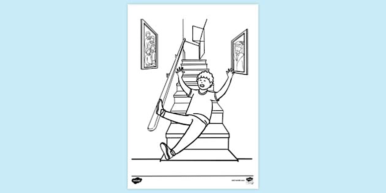 Boy Falling Down Stairs Colouring | Colouring Sheets