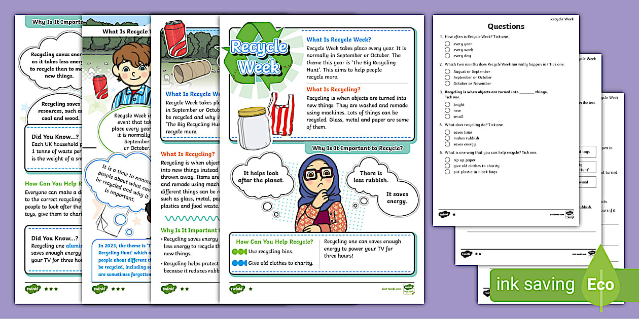 Recycle Week Differentiated Reading Comprehension Activity
