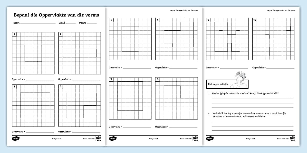 Bepaal die Oppervlakte van die vorms. Aktiwiteit sluit ruite in.