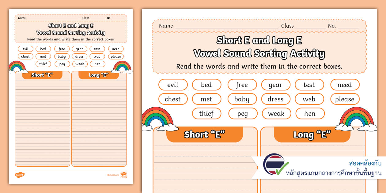 Short E and Long E Vowel Sound Sorting Activity - Twinkl