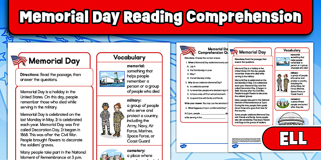 Memorial Day Reading Passage Comprehension Worksheet for ELL
