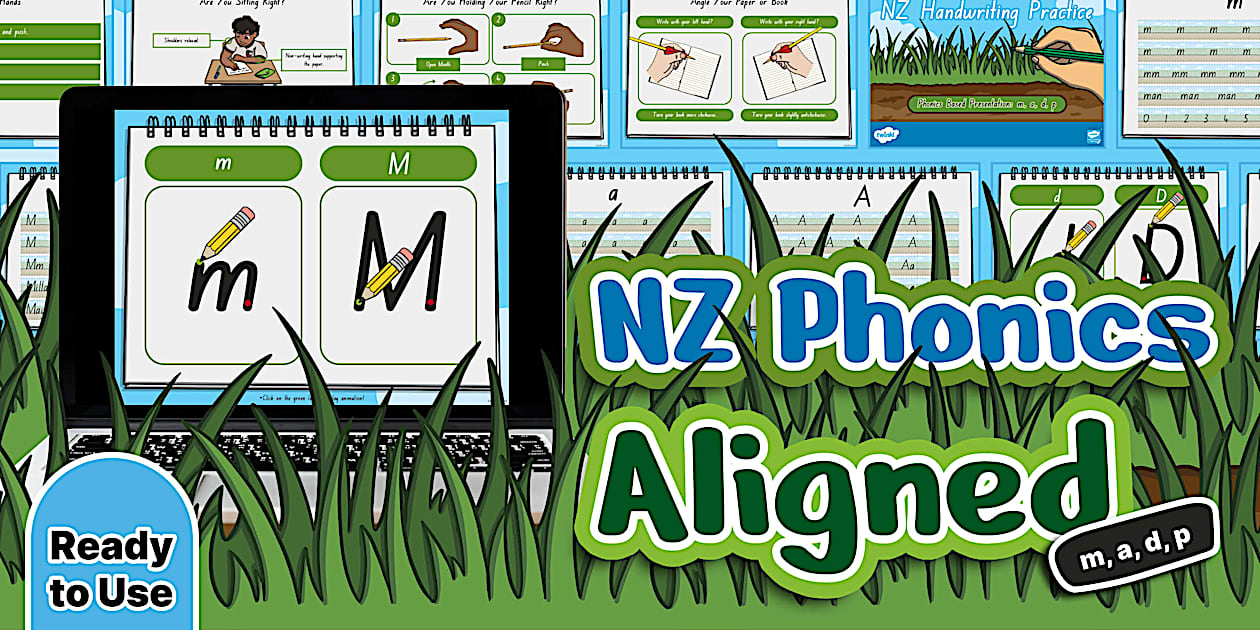 NZ Handwriting Practice Phonics Based Presentation: m, a, d, p