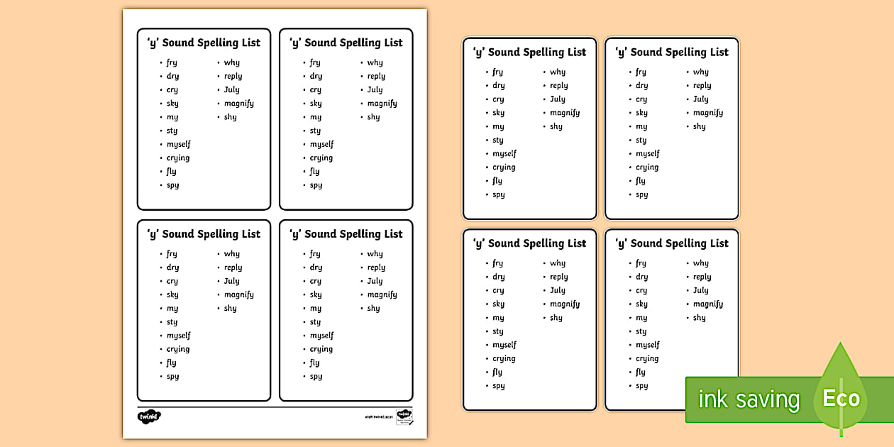 'y' Sound Spelling List Cards (teacher made) - Twinkl