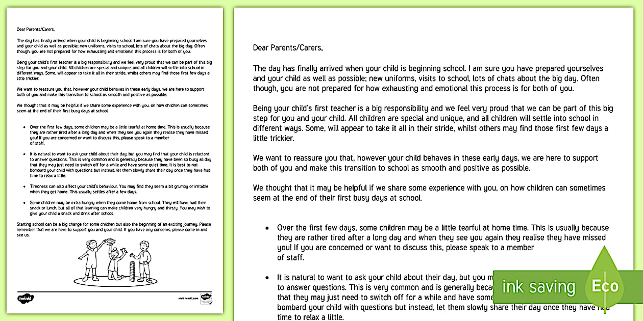 Editable How a Child Feels After Their First Days at School - Parent Letter