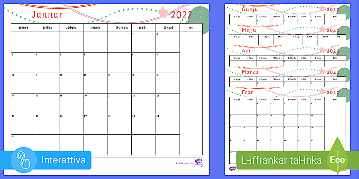 Kalendarju 2022 (teacher made) - Twinkl