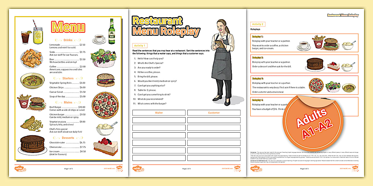 ESL Menu Roleplay [Adults, A1-A2] (teacher made) - Twinkl
