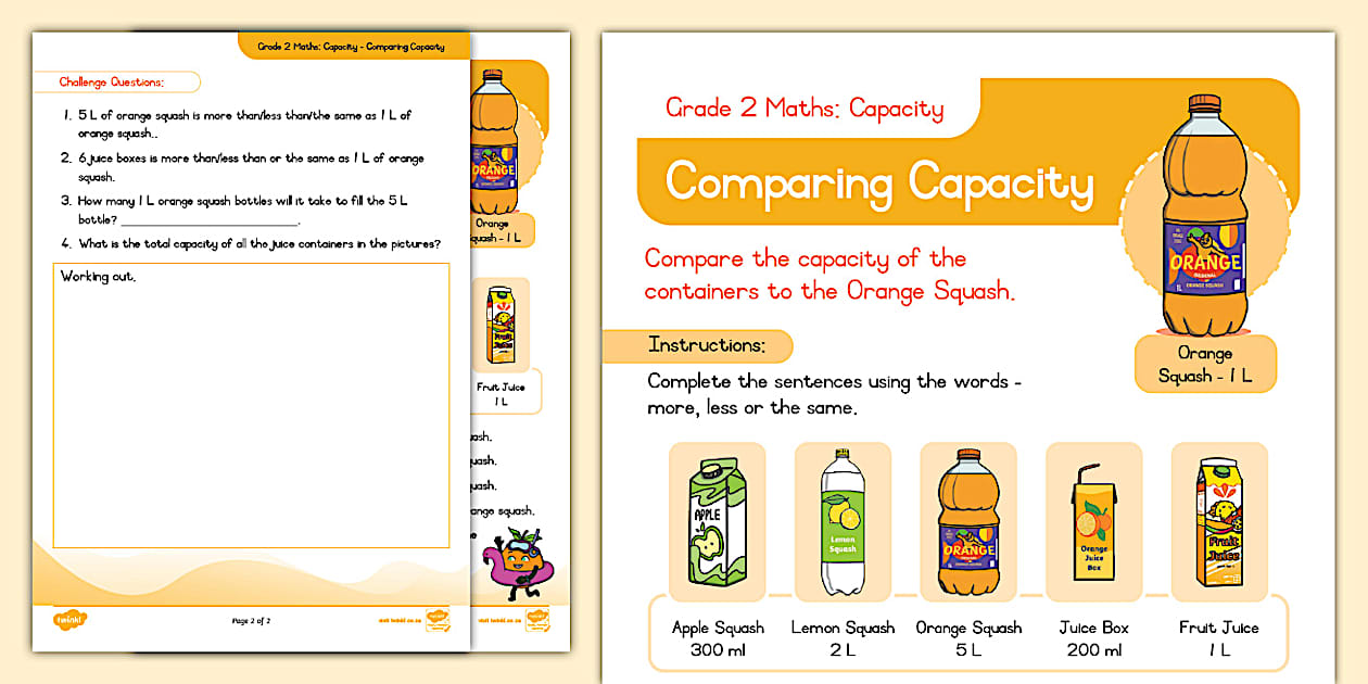 Grade 2 Capacity Worksheet: Compare Capacities - Twinkl