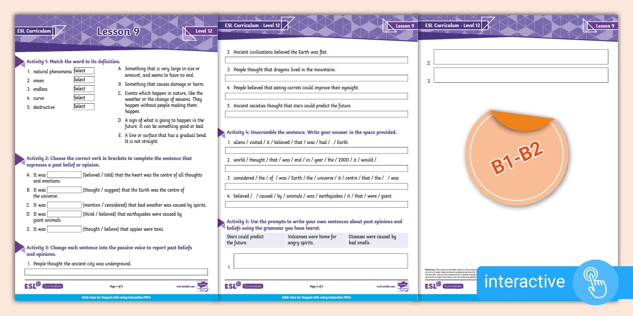 ESL Curriculum Level 12, Lesson 9 Interactive Activity Sheet