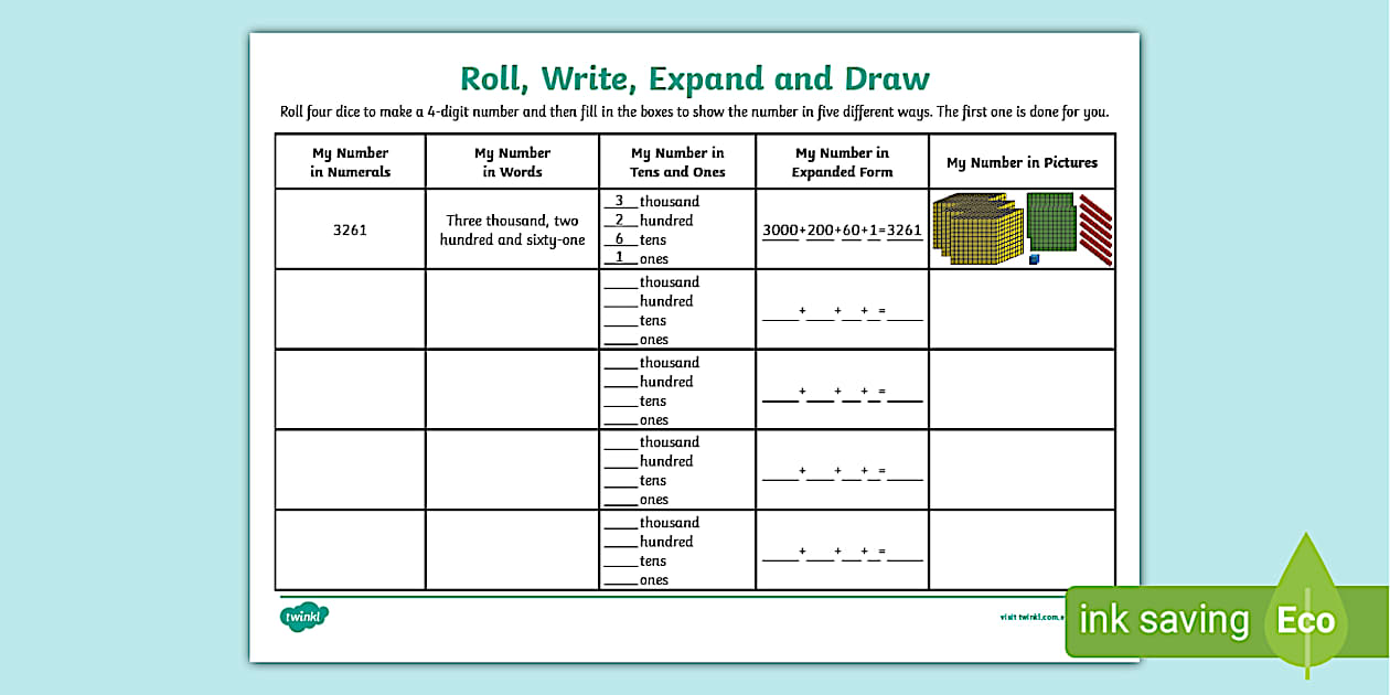 Roll, Write, Expand and Draw 4-Digits Game - Year 3 Maths