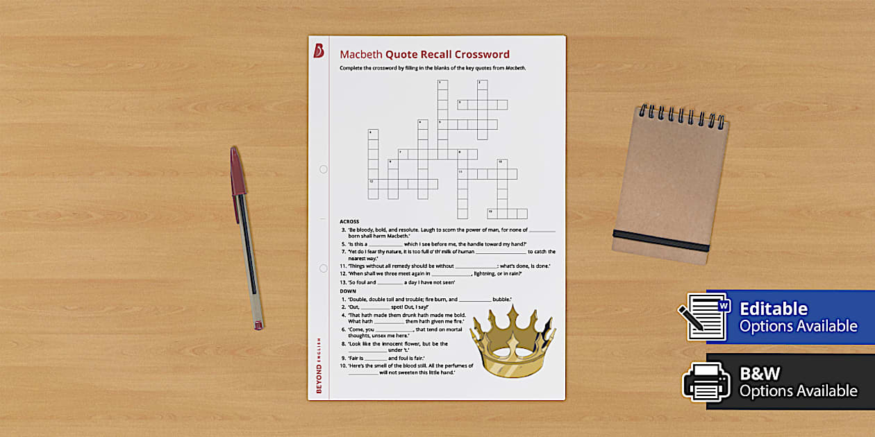 Macbeth Quote Recall Crossword | GCSE | Beyond English