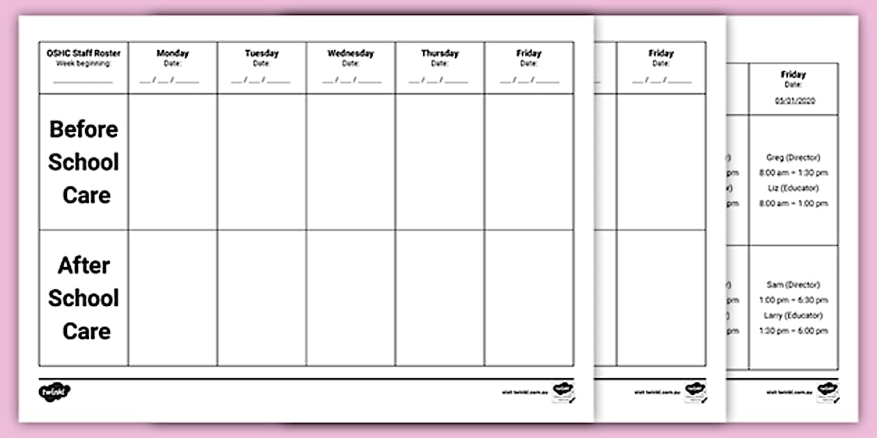 OSHC Editable Weekly Staff Roster - Twinkl