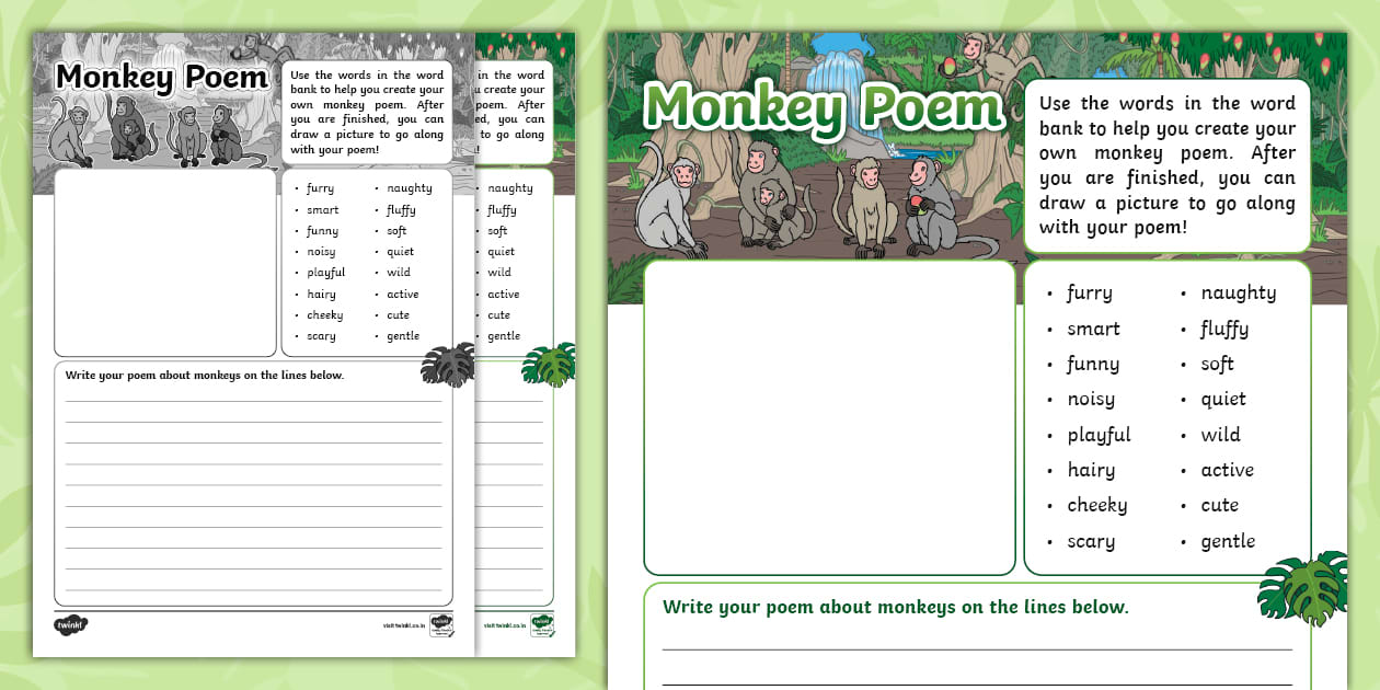 Monkey Poem Writing Template (teacher made) - Twinkl