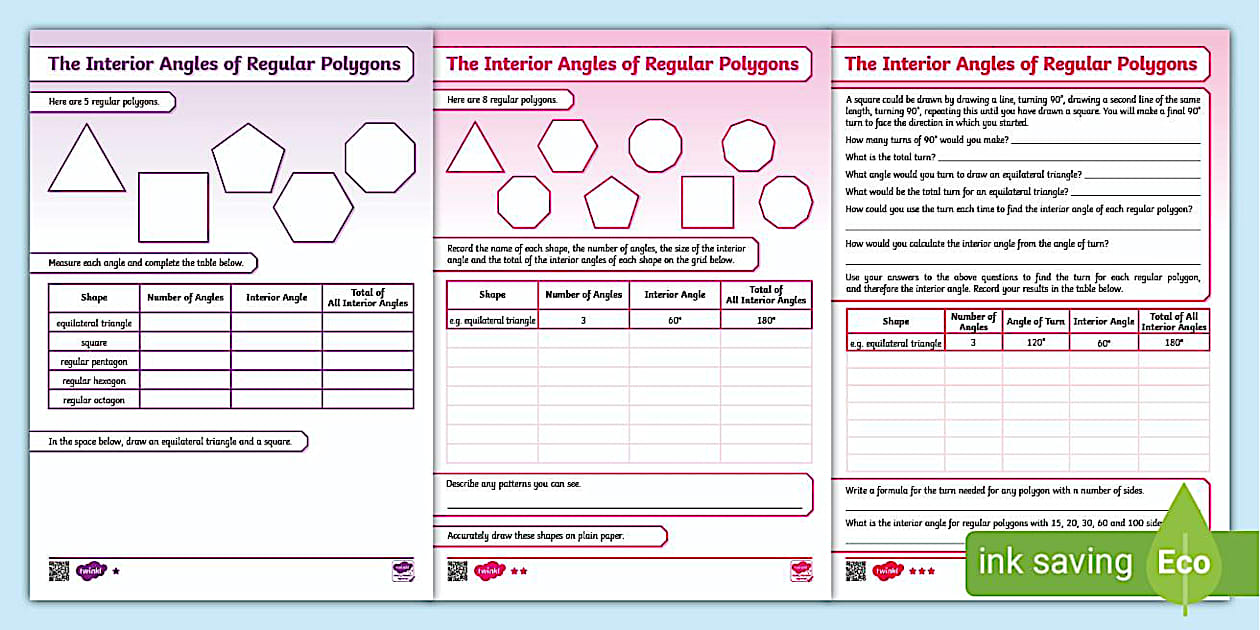Lower Ability Interior Angles of Regular Polygons Differentiated Worksheets
