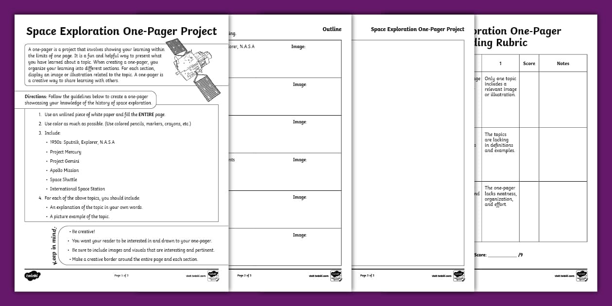Space Exploration One-Pager Project for 6th-8th Grade