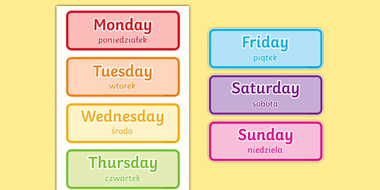 Days of the Week Word Cards Polish Translation-Polish-translation