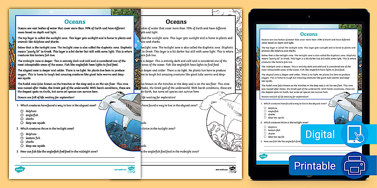 Fifth Grade Oceans Reading Passage Comprehension Worksheet