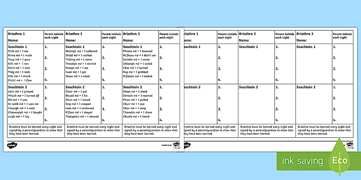 Editable Irish Verbs Past Tense Write Up Worksheet - Twinkl