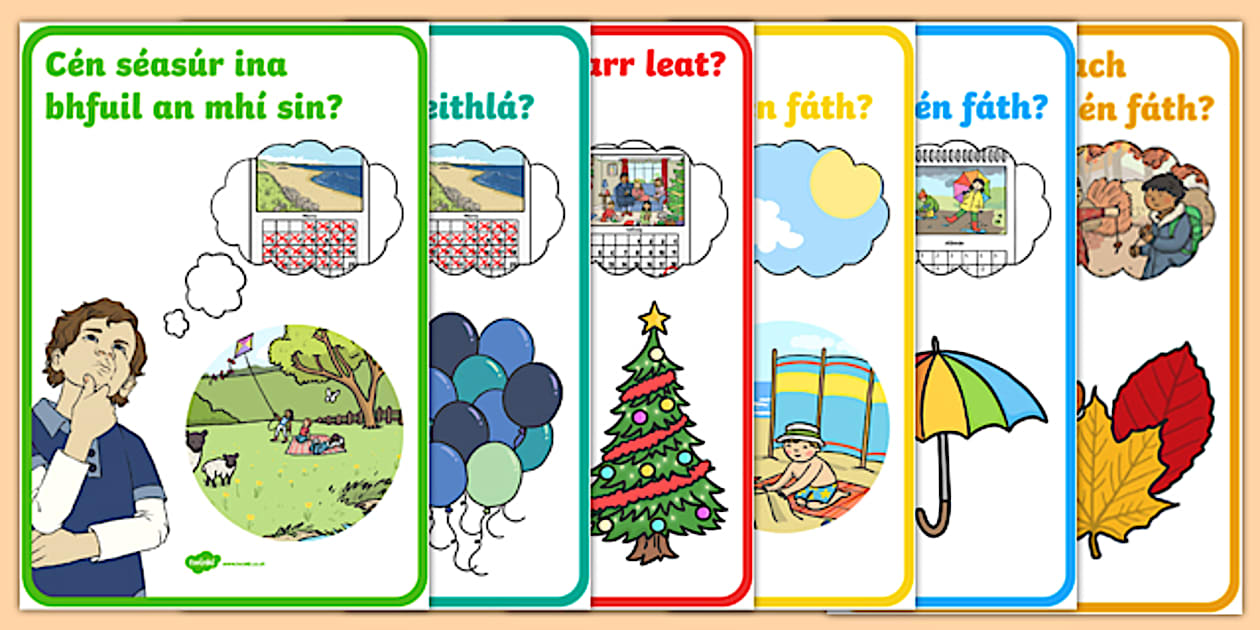 Na Séasúir, Ceisteanna Display Posters-Irish - Twinkl
