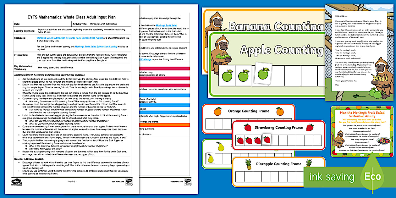 EYFS Maths: Monkey's Lunch Subtraction Adult Input Plan and Resource Pack