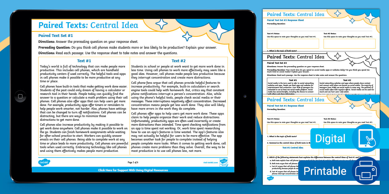 Sixth Grade Paired Texts Central Idea Activity - Twinkl