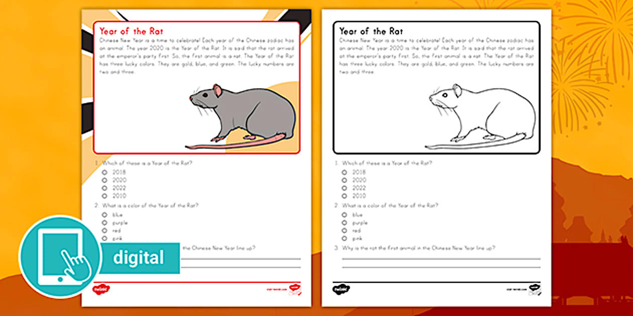 First Grade Year of the Rat Reading Passage Comprehension Worksheet