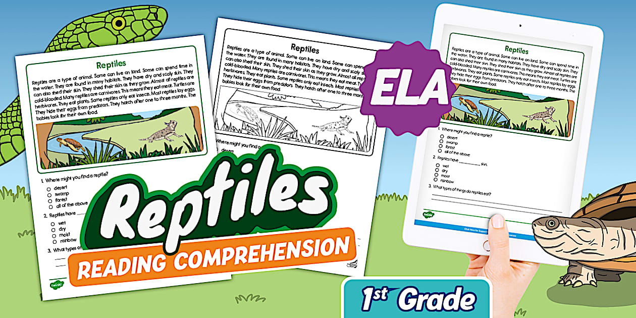 First Grade Reptiles Reading Passage Comprehension Worksheet