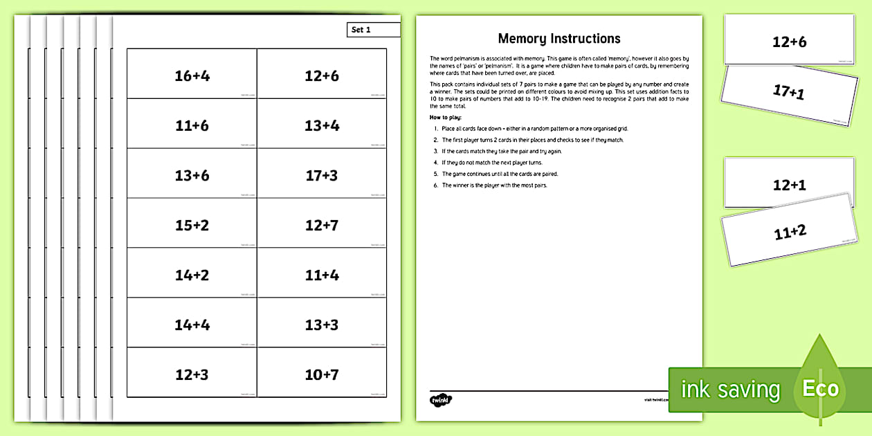 Addition Facts 11 to 20 using 1 to 10 Memory Game - Twinkl