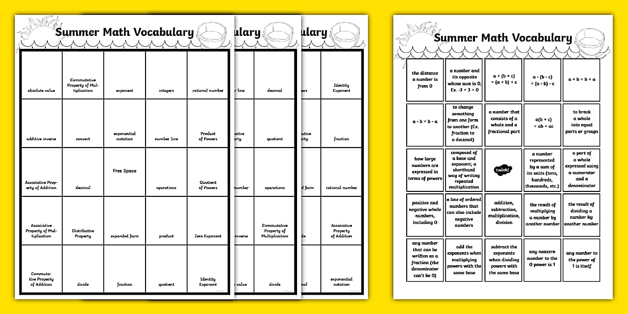 Seventh Grade Summer Math Vocabulary Bingo (Teacher-Made)