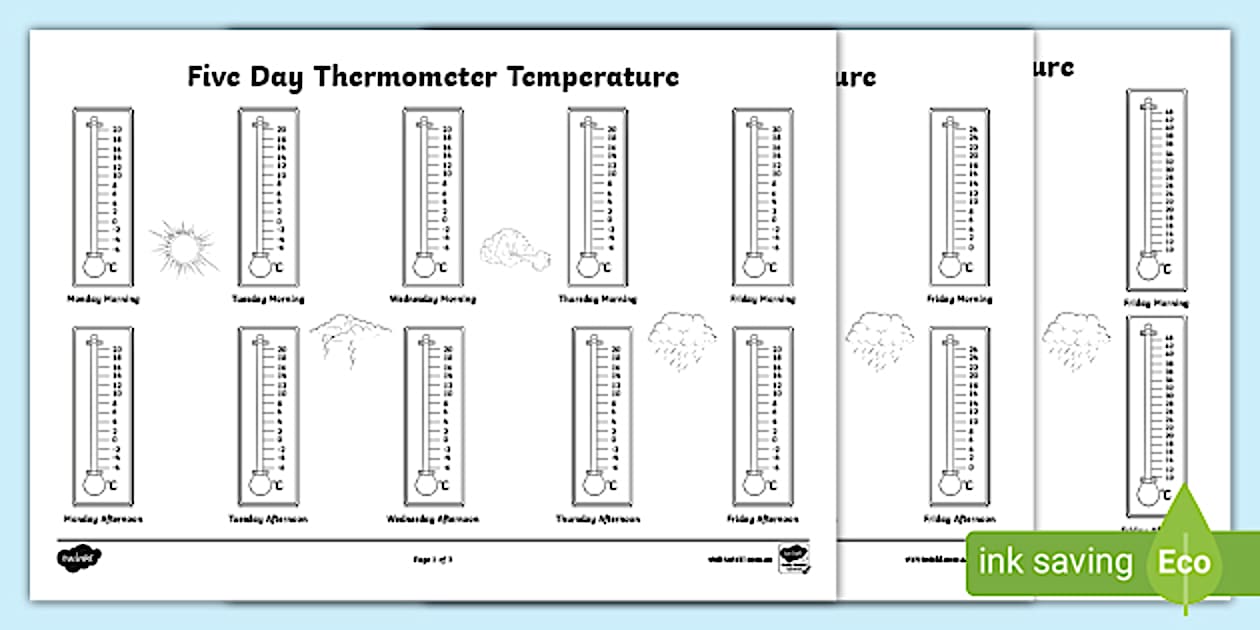 Five Day Thermometer Temperature Celsius Worksheets - Twinkl