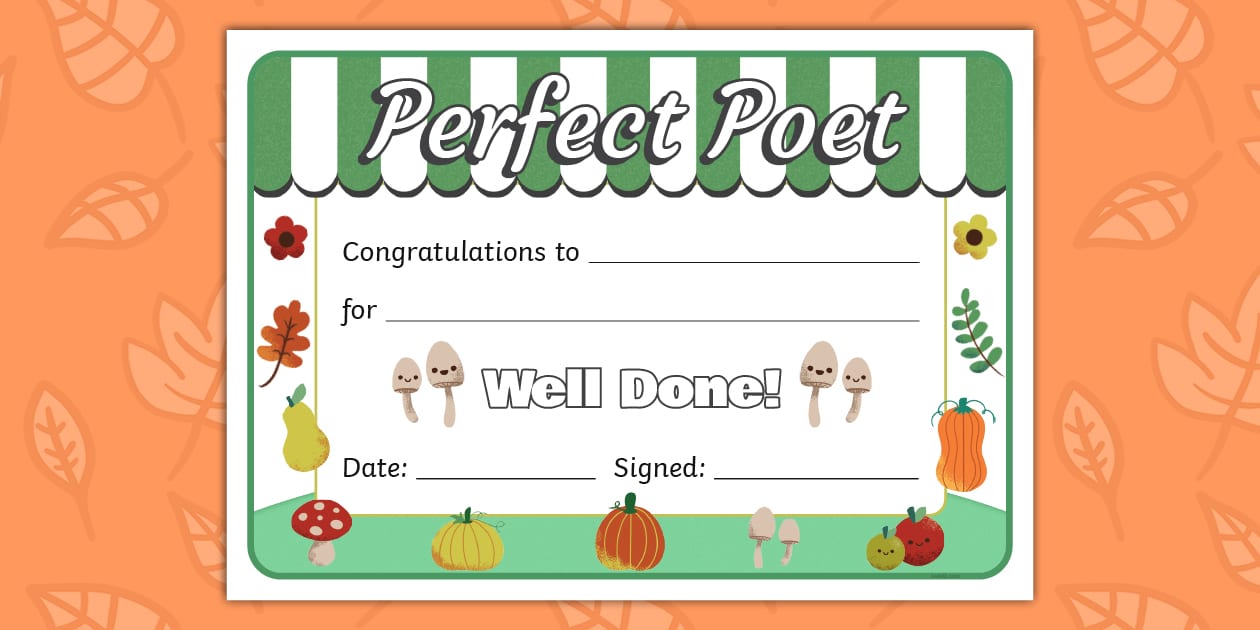 Autumn Market Themed Perfect Poet Certificate (teacher made)