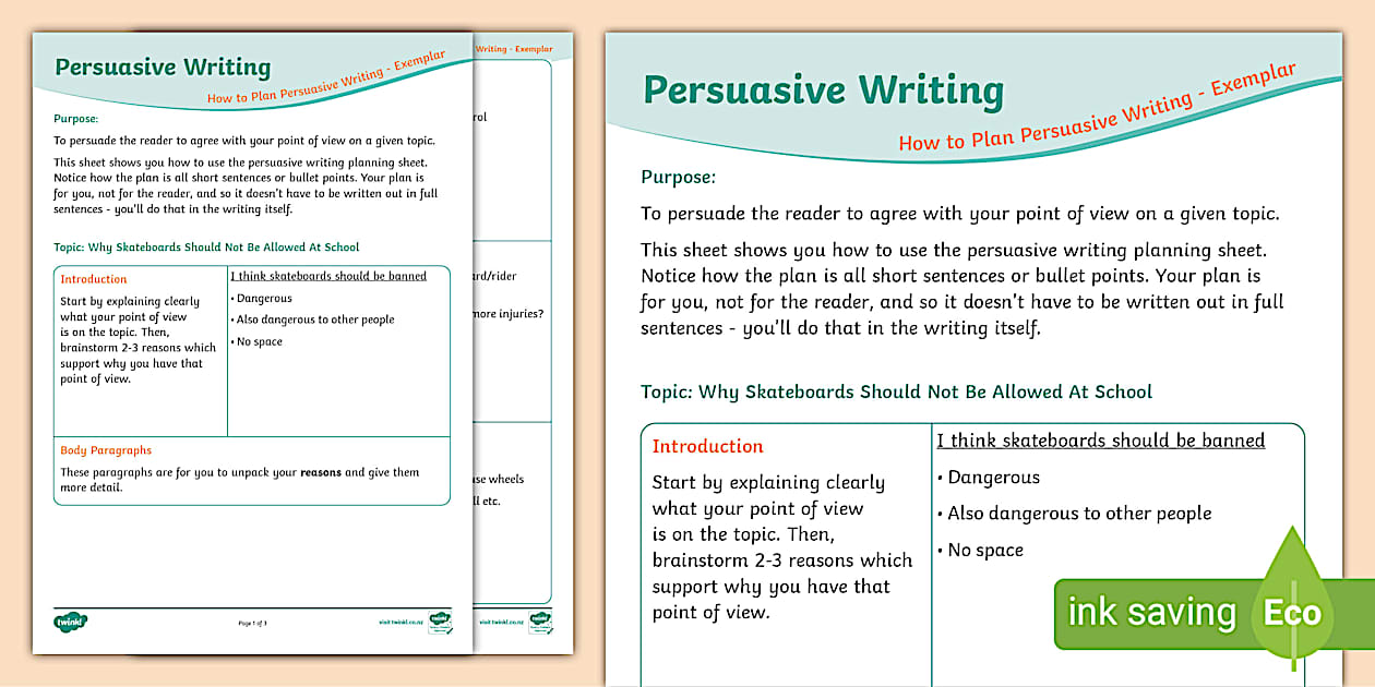 Level 2 Writing - Persuasive Writing Planning Exemplar