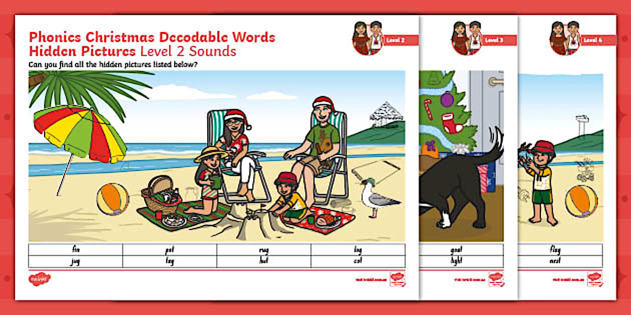Christmas Decodable Words Hidden Pictures - Twinkl