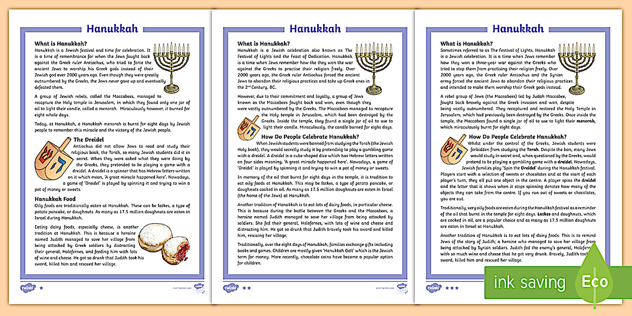 LKS2 Hanukkah Differentiated Reading Comprehension Activity