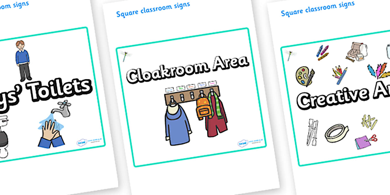 Dragonfly Themed Editable Square Classroom Area Signs (Plain)