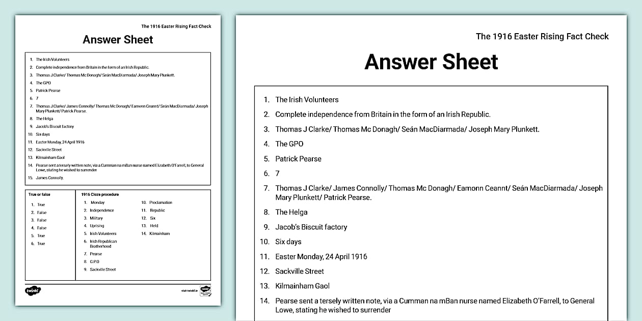 The 1916 Easter Rising Fact Check Answer Sheet - Twinkl