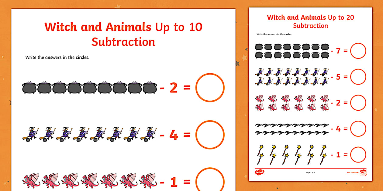 Witch and Animals Subtraction Up to 10 and 20 Sheet - Twinkl